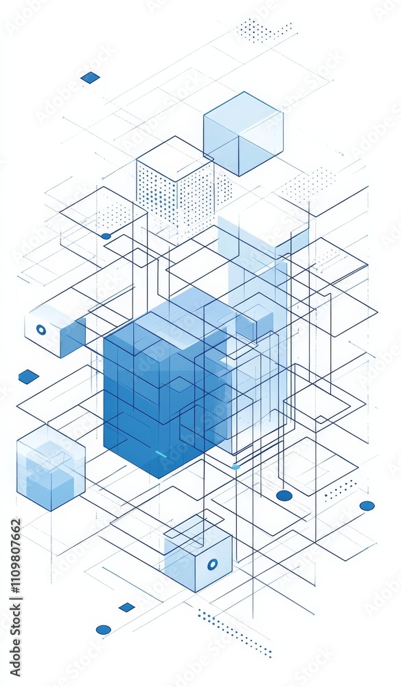 Simple line drawing of blockchain with blue blocks connected in isometric perspective. Floating ...