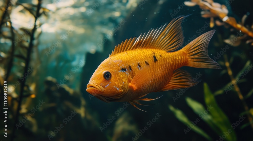 Amphilophus labiatus cichlid swimming near underwater plants, vibrant ...