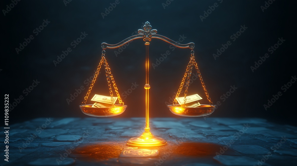 Glowing gold scales of justice with equal stacks of money on each side ...