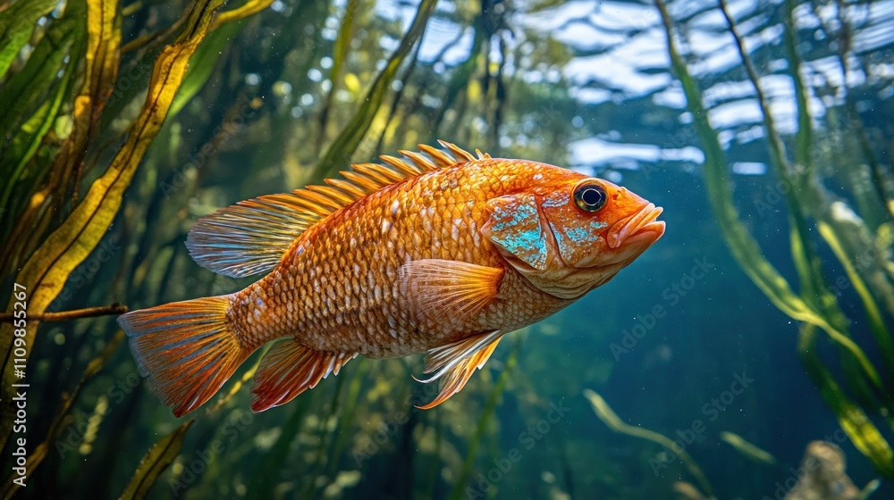 Amphilophus labiatus cichlid swimming near underwater plants, vibrant ...