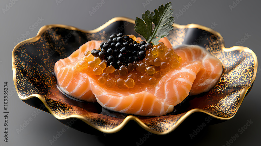 Tattoo-inspired smoked salmon appetizer with caviar, polished surfaces ...