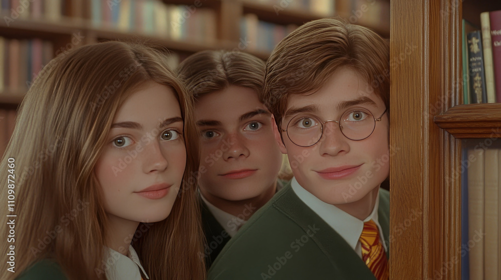 Three students in library, smiling and posing together. They are ...