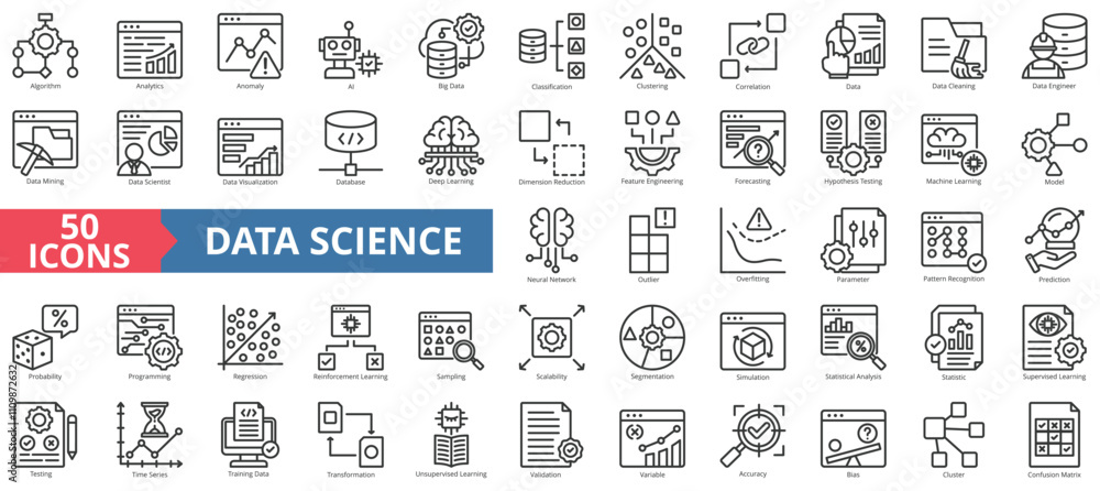 Data science icon collection set. Contain machine learning, analytics, anomaly, ai, big data ...