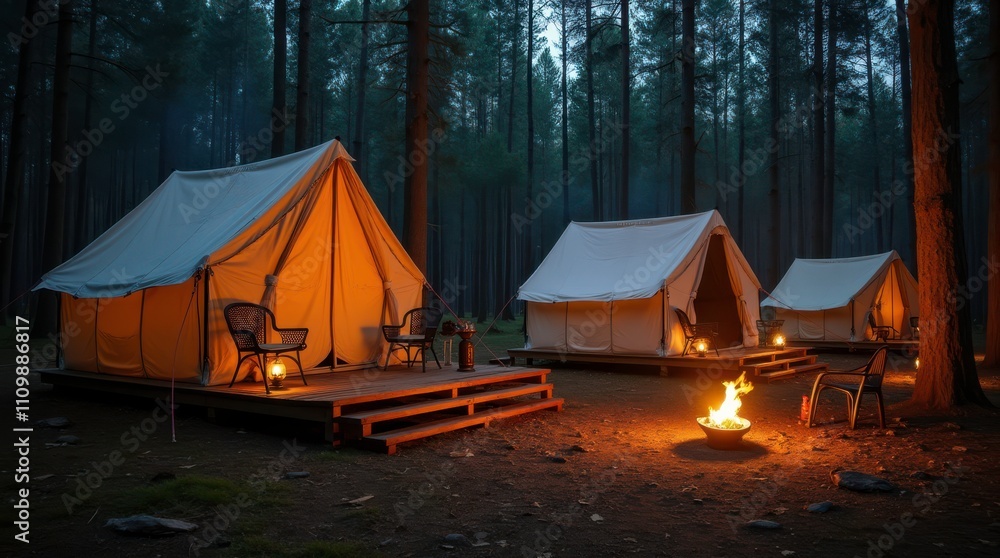 Camping at Night in Vintage Cabin Tents Surrounded by Trees and ...