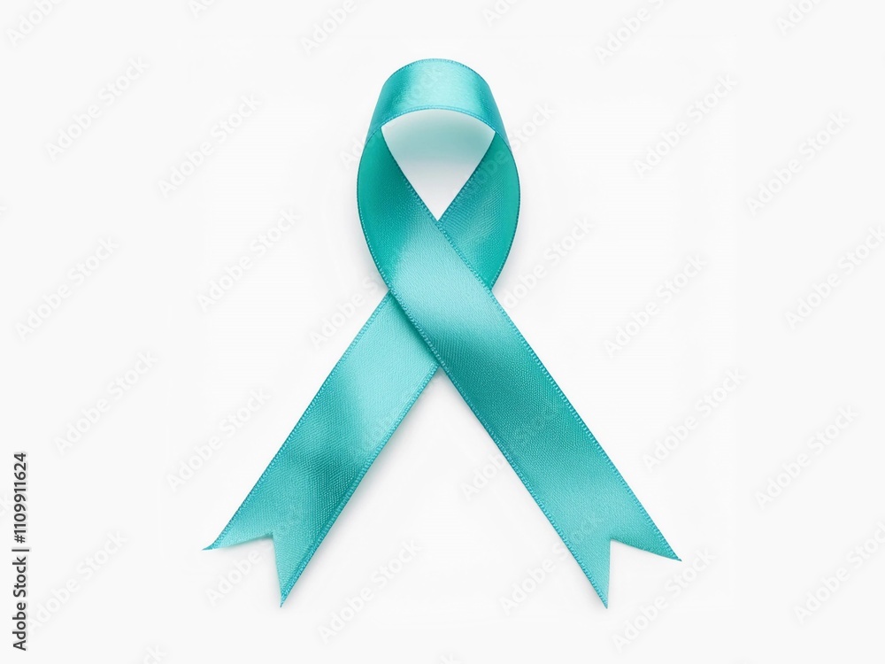 Stock-Foto „Turquoise ribbon isolated on white, symbolizes awareness of ...