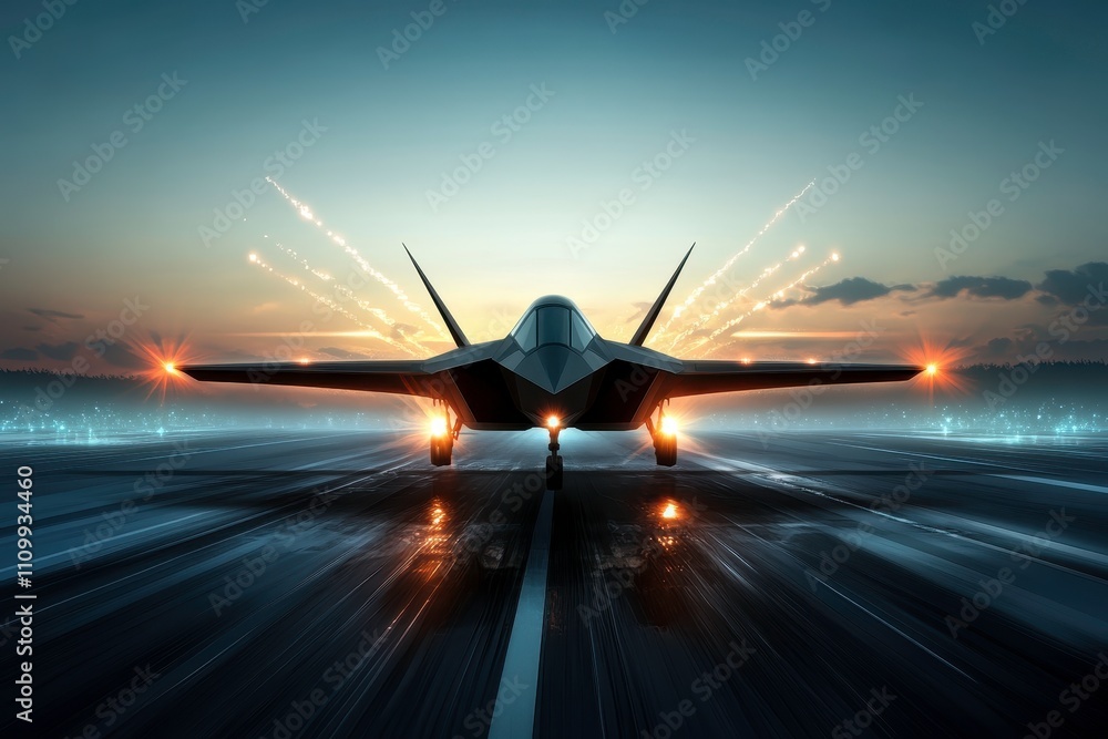 Futuristic Military Jet Taking Off at Dawn with Explosive Thrusters ...