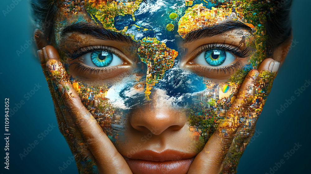 Global awareness woman's portrait with earth imagery studio setting ...