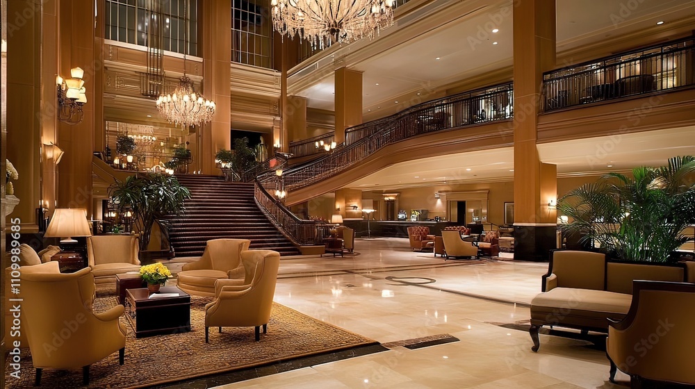 Luxurious hotel lobby interior with grand staircase, elegant seating ...