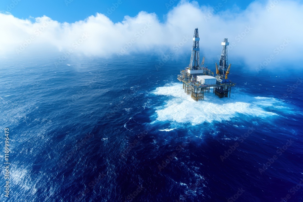 Offshore oil drilling rig in the ocean under a blue sky with fluffy ...