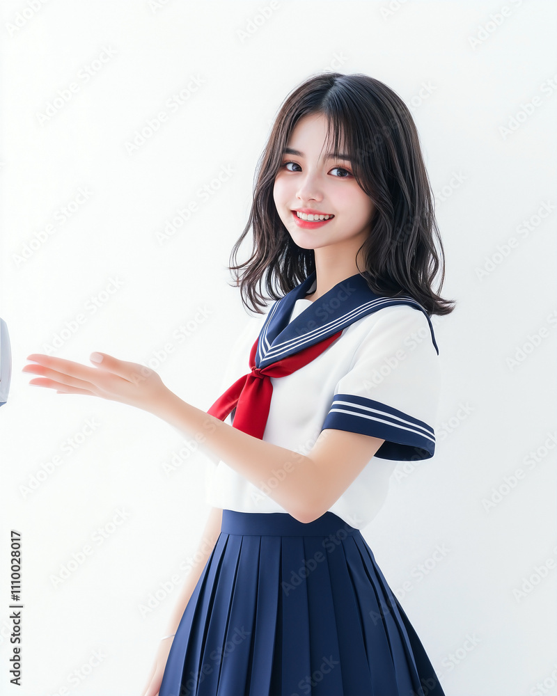 Asian teen female dressed in a high school student costume presenting ...