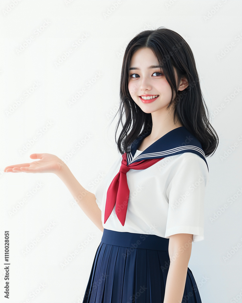 Asian teen female dressed in a high school student costume presenting ...