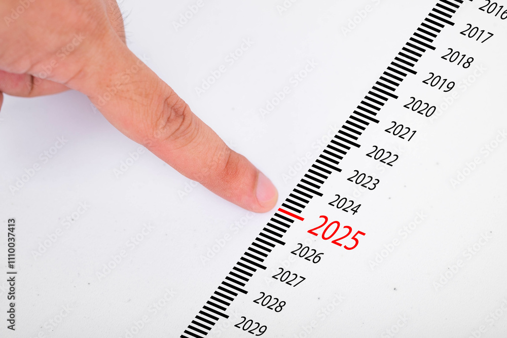 A hand pointing at the year 2025 on a timeline. It symbolizes planning ...