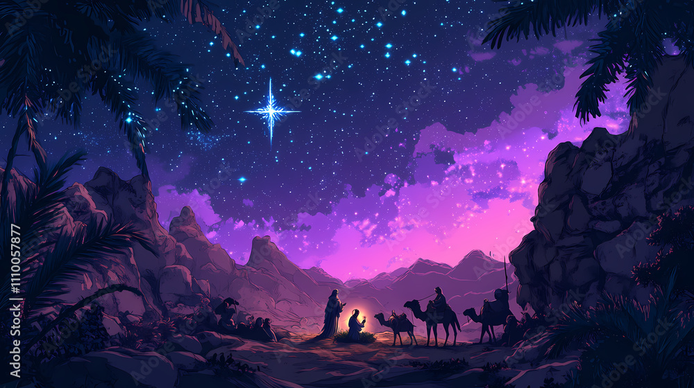 Nativity scene with the holy family, shepherds, and camels under the ...