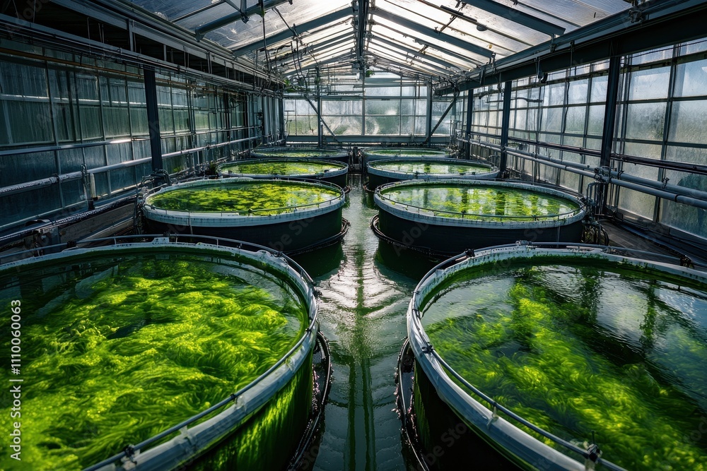 Стоковое фото «Indoor algae cultivation in circular tanks. Shows large-scale microalgae ...