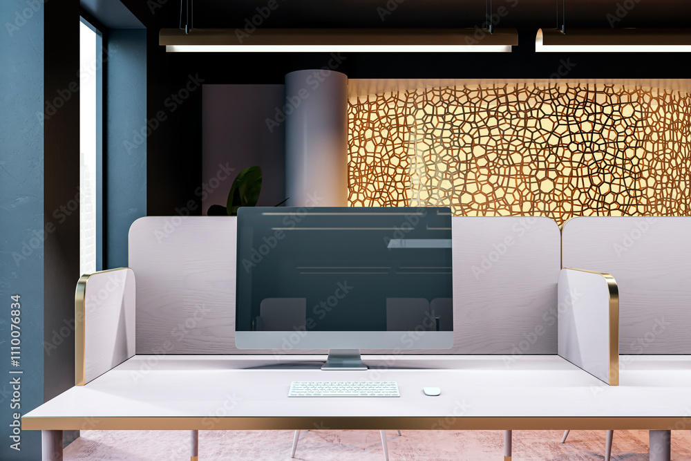 Modern office workspace with desktop computer on a stylish desk with dividers and decorative ...