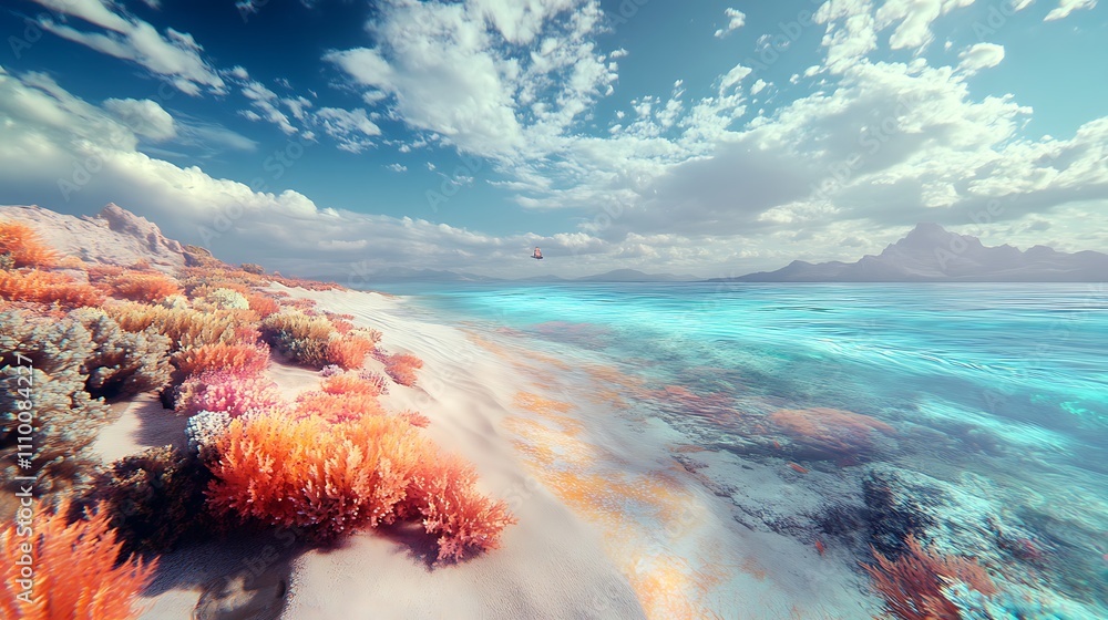 Vibrant coral reef on a pristine beach with clear turquoise water and a ...