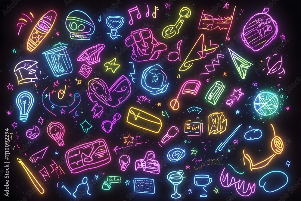 Neon outline of a vision board with quotes, images, and goals isolated ...