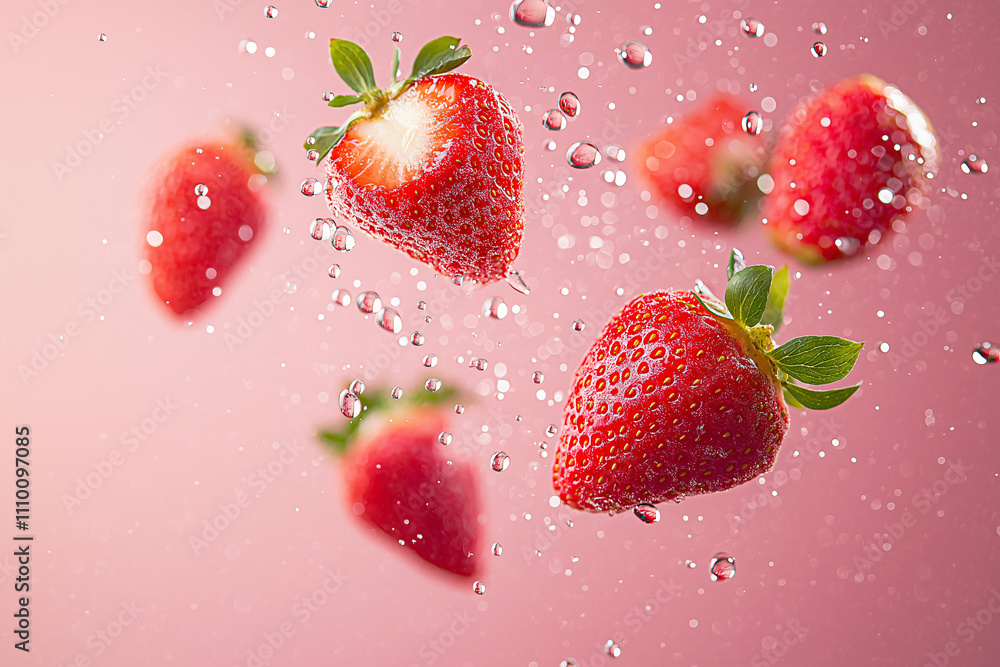 strawberries floating mid-air water droplets pink background freshness ...