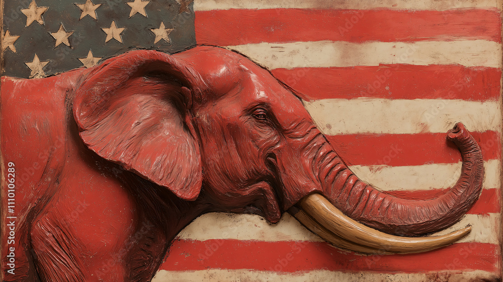 Vintage red Republican elephant USA flag background Classic political ...