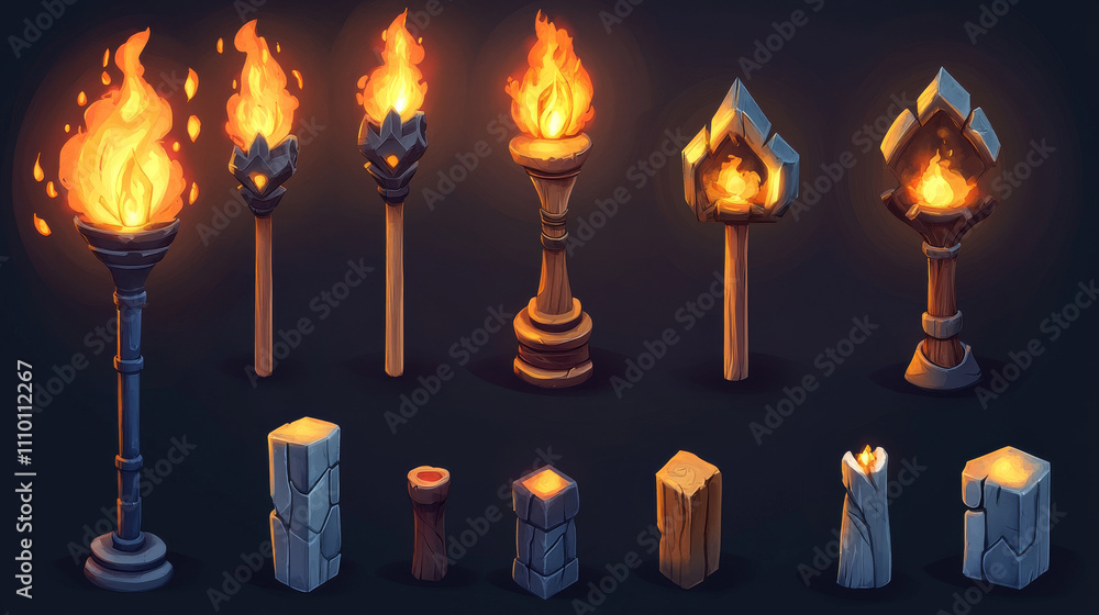 Hands holding medieval torches. Cartoon vector fiery flames illuminate ...