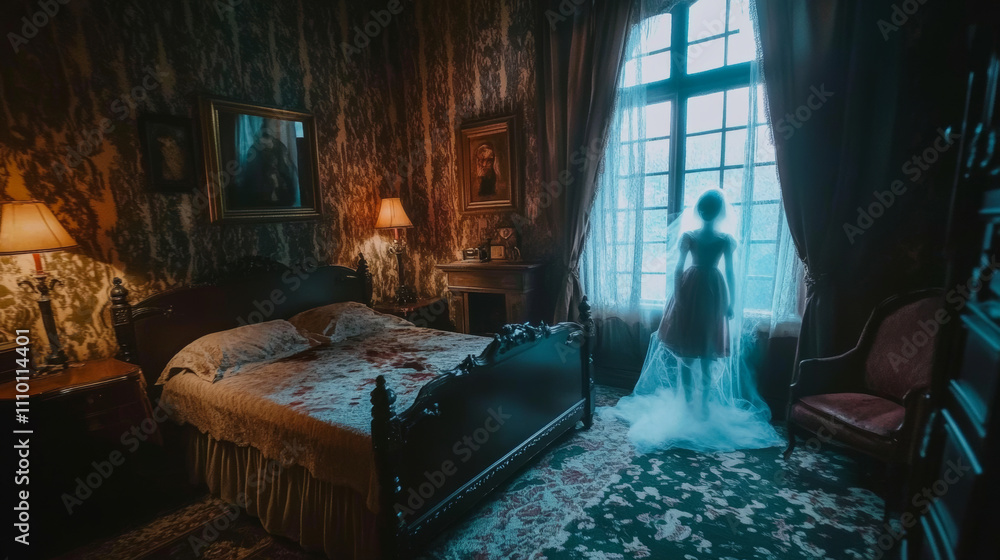 Ilustración de Stock Dark haunted bedroom with ghosts. Vector cartoon ...