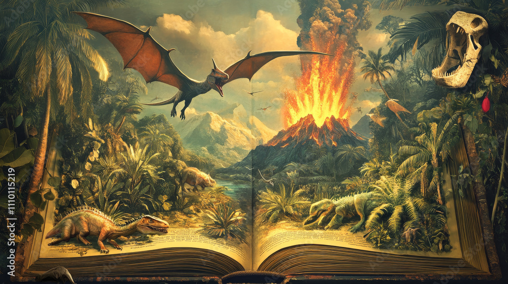 Open book with dinosaurs on jungle landscape. Vector cartoon ...