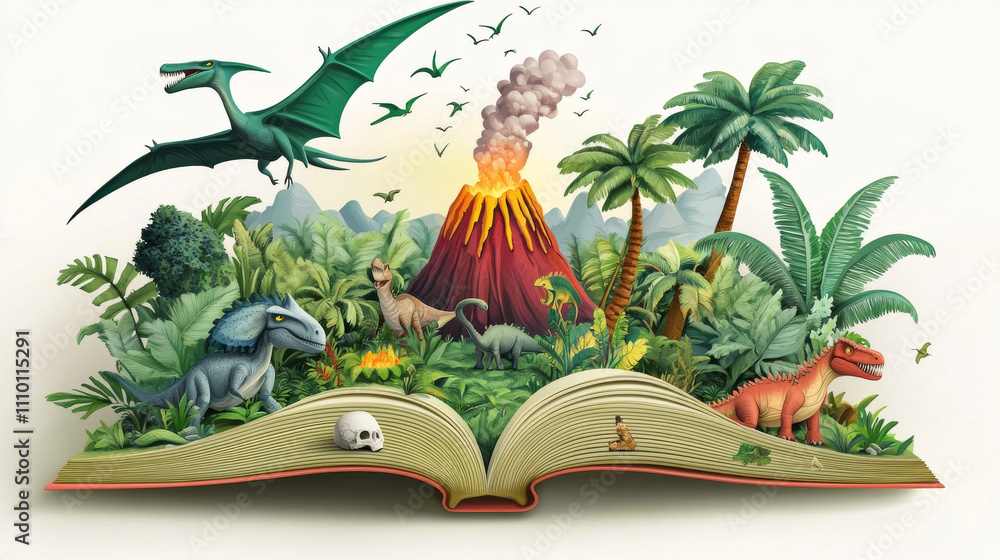 Open book with dinosaurs on jungle landscape. Vector cartoon ...