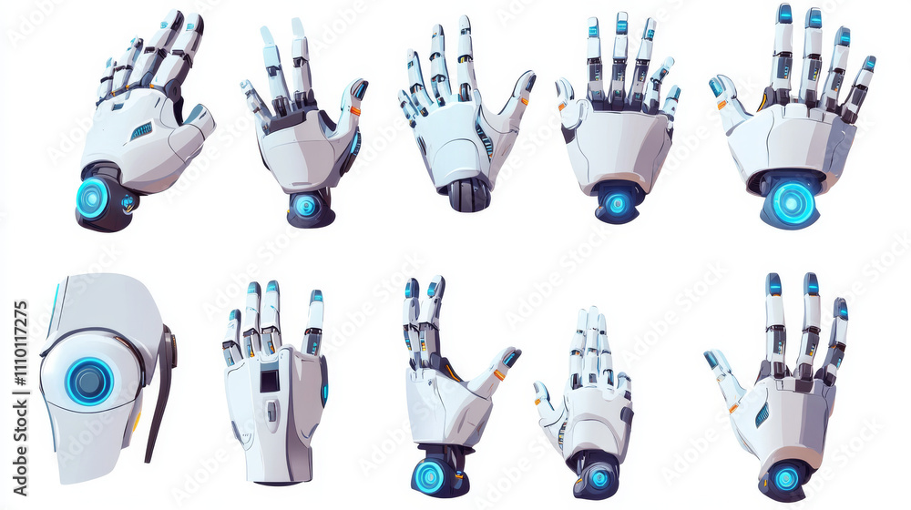 Robot hand gestures set isolated on white background. Vector cartoon ...