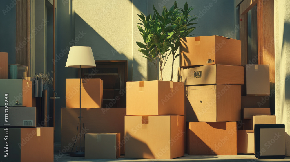 Home stuff in cardboard boxes for moving and relocation concept ...