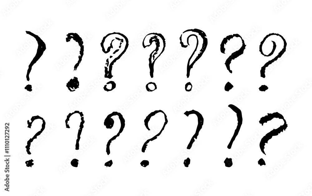 Question mark symbols set. Black pencil school kid handwritten ask ...