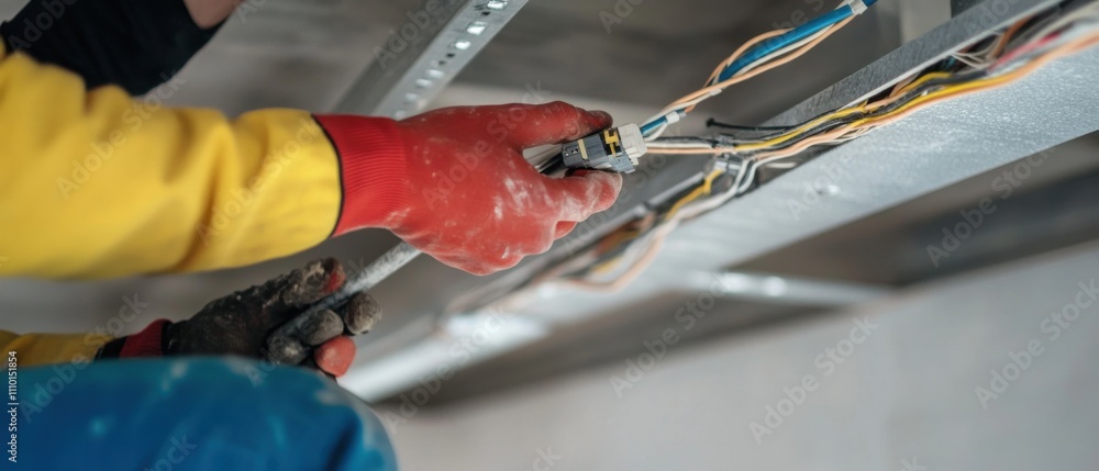 A detailed view of an electrician installing wiring in a new building ...