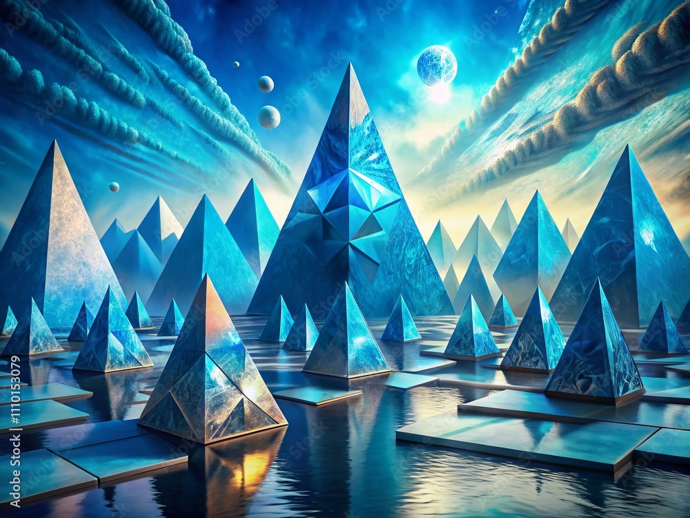Abstract Pattern of Dimensional Blue Pyramids in a Surreal Landscape ...