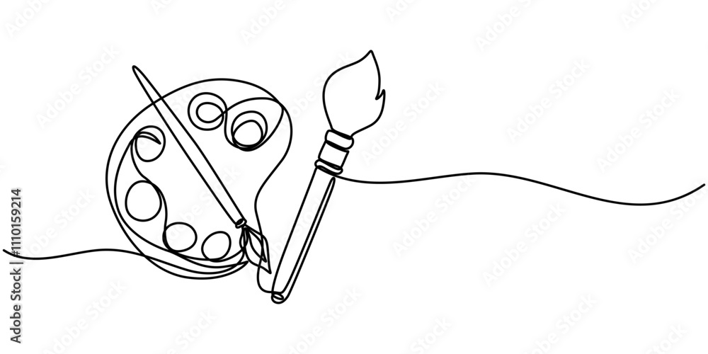 Paint Pallet and Brushes Drawing, Continuous one line drawing of a art ...