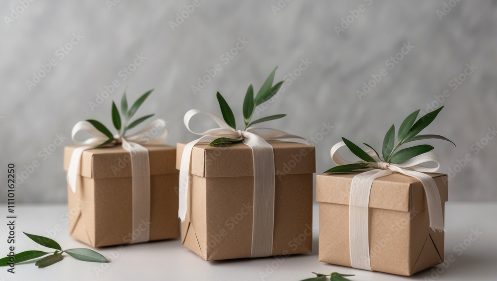 Elegant natural paper kraft brown gift boxes with ribbon and green ...