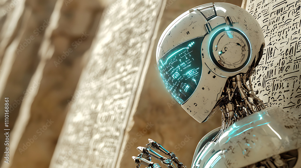 futuristic robot stands in front of ancient hieroglyphs, showcasing ...