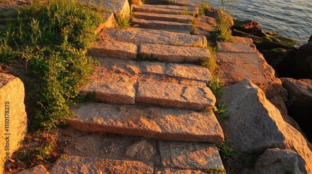 Stone steps leading to a boat ramp with surrounding greenery and ...