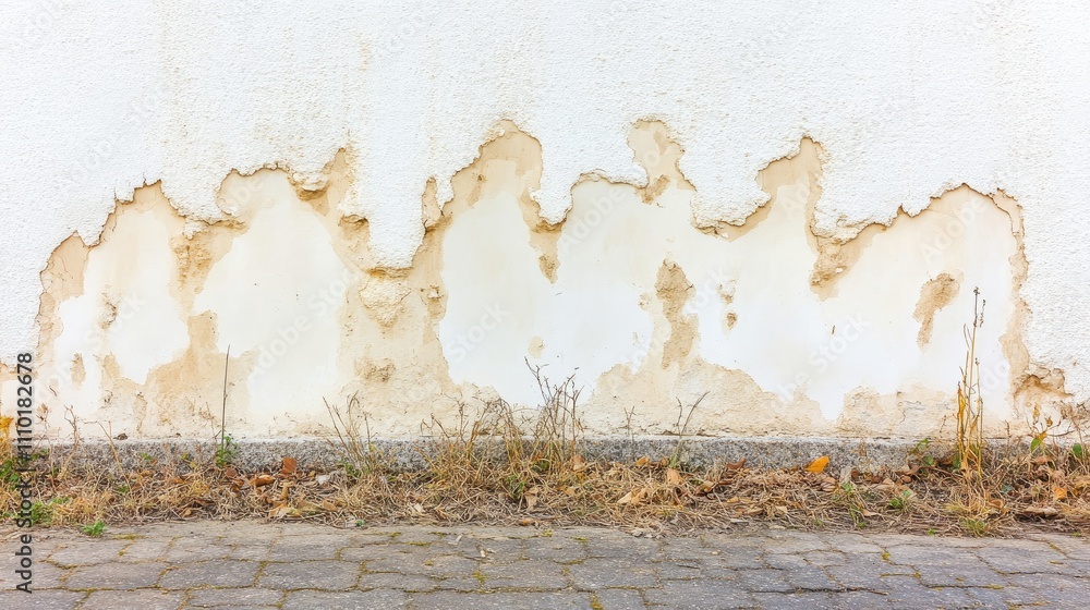 Deteriorating house wall with water damage and peeling paint revealing ...