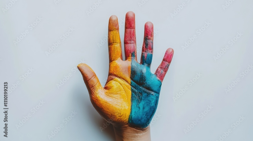 Colorful open hand raised with painted stop loss sign symbolizing ...