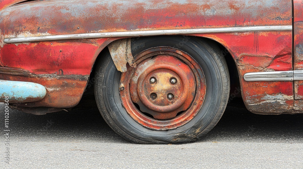 Rusty vintage car with a flat tire showcasing weathered details and ...