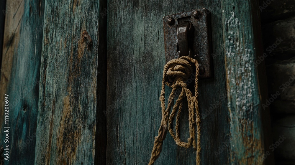 Rusty lock securing aged wooden doors with a natural rope sling ...
