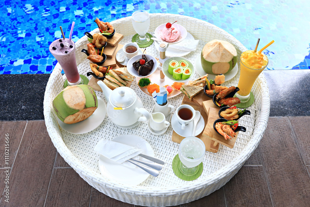Set of floating breakfast tray in swimming pool with Sandwich, Fried ...