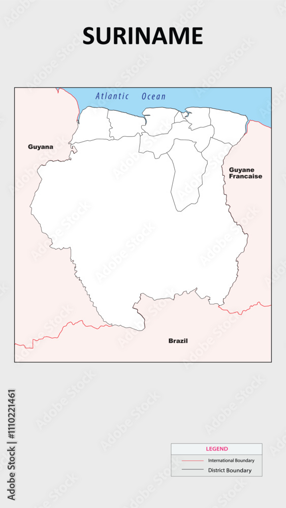 Suriname Map. Political map of Suriname with state border in outline. Political map of Suriname ...