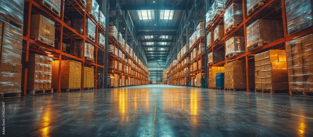 Warehouse interior with storage racks featuring stacked cargo ...