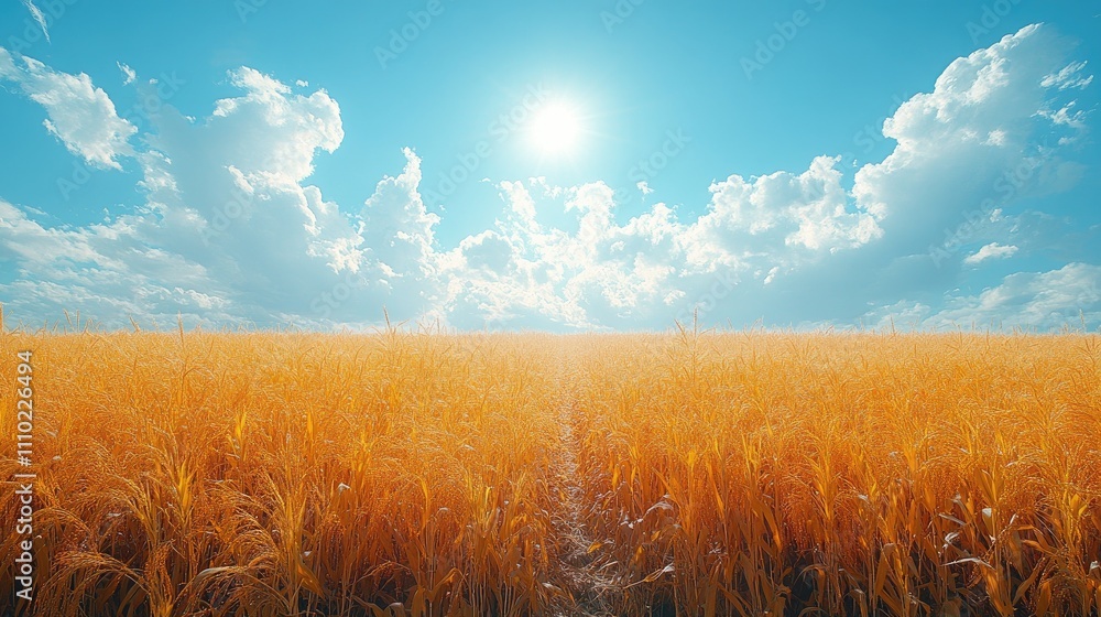 Golden corn field ready for harvest under a vibrant blue sky with ...