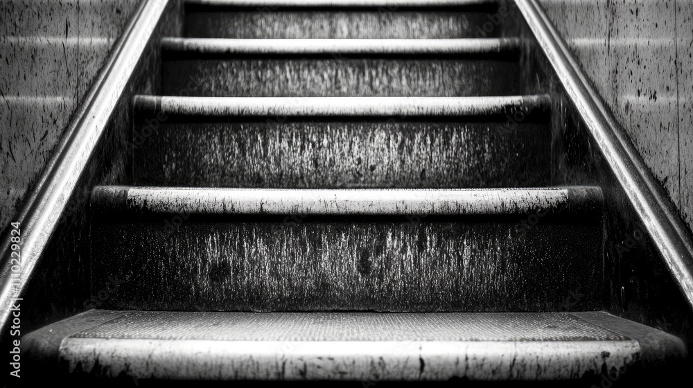 Worn grey escalator steps at a train station showcasing urban transit ...