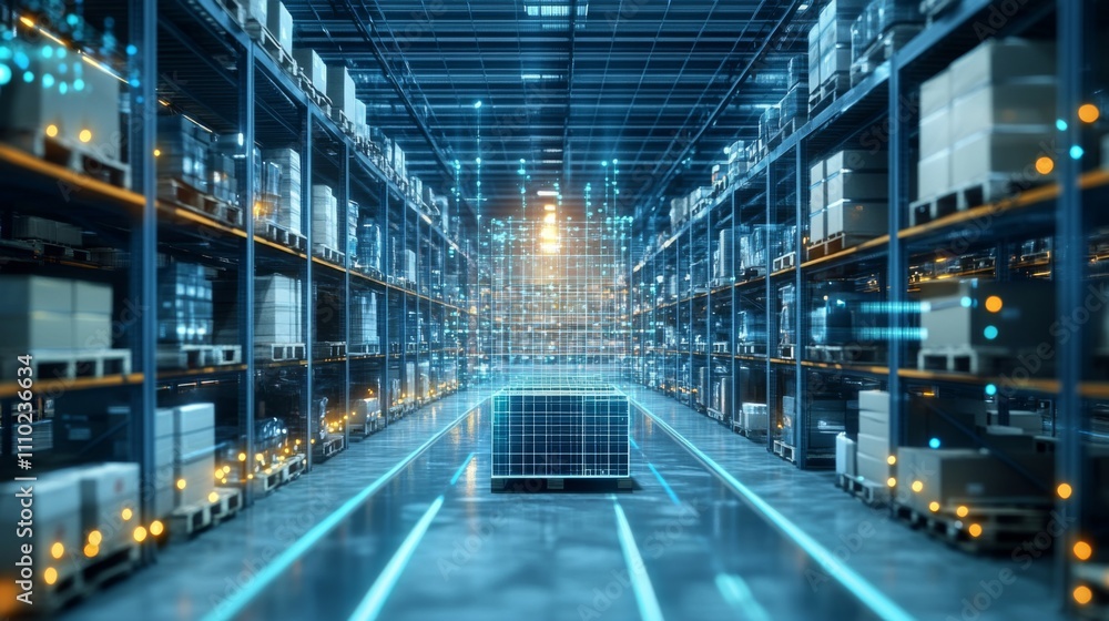 Large warehouse rows shelves racks are filled various machine learning ...