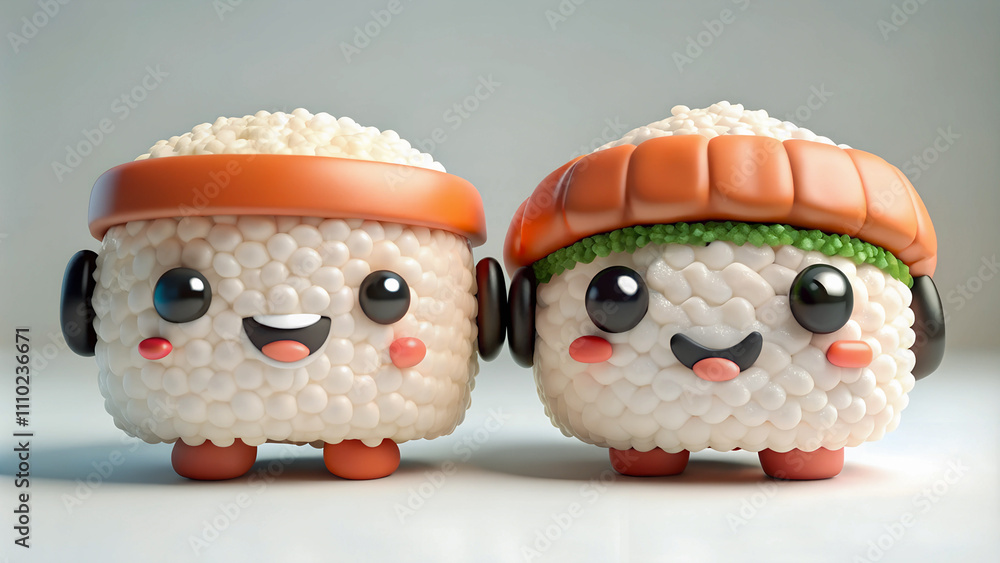 Adorable Rice Buddies: 3D Render of two cute rice characters with happy ...