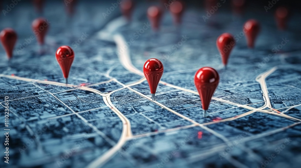 Map city multiple red pins scattered across it Business Location: A 3D ...