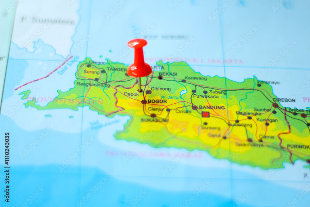 A Red Push Pin Marks Bogor on a Detailed Map of West Java Indonesia ...