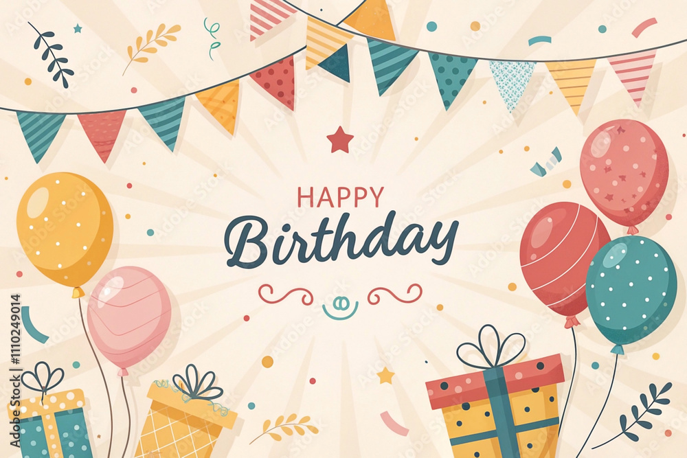 Festive happy birthday background with balloons, gifts, and bunting ...